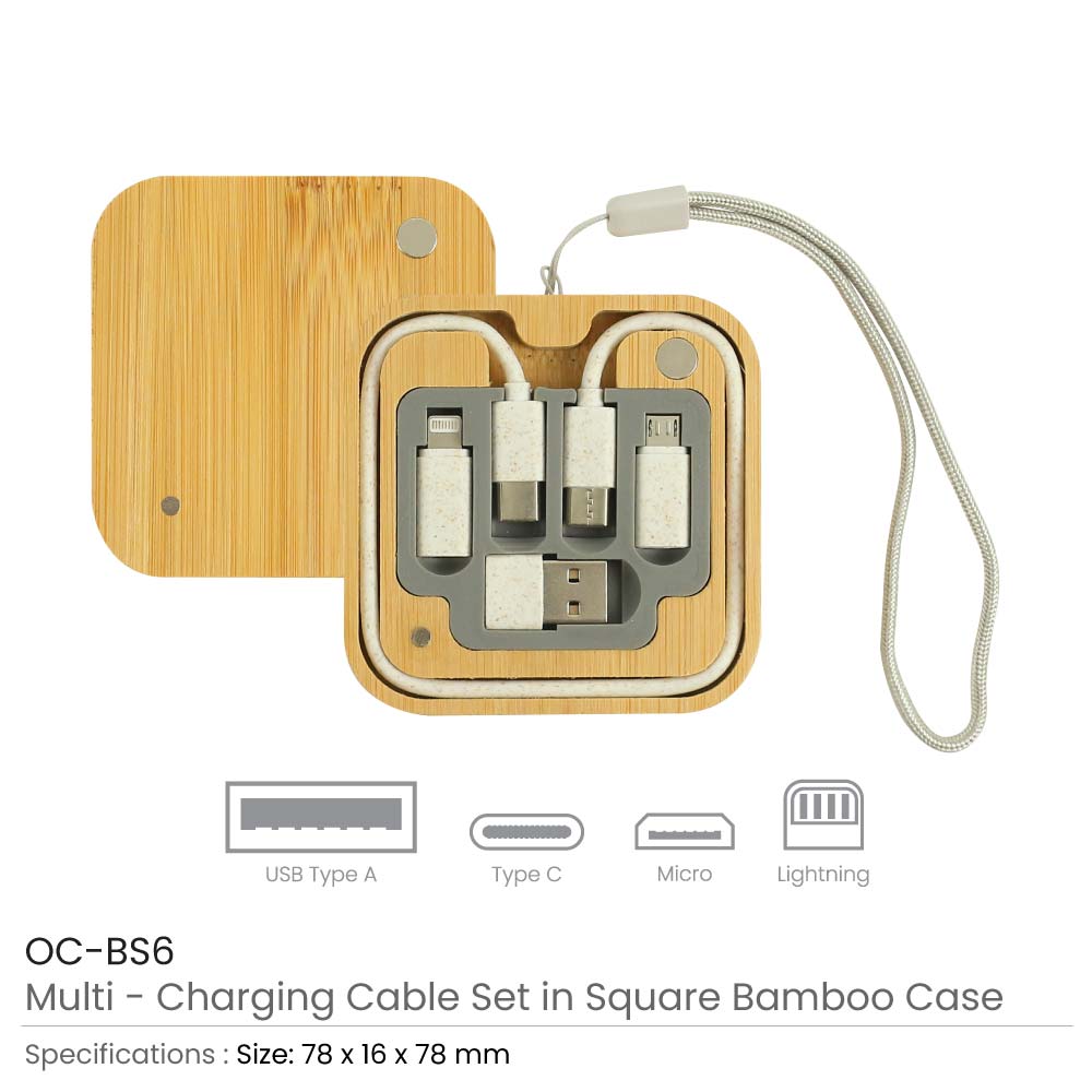 Multi-Charging Cable Set in Square Bamboo Case | Promotional Gifts ...
